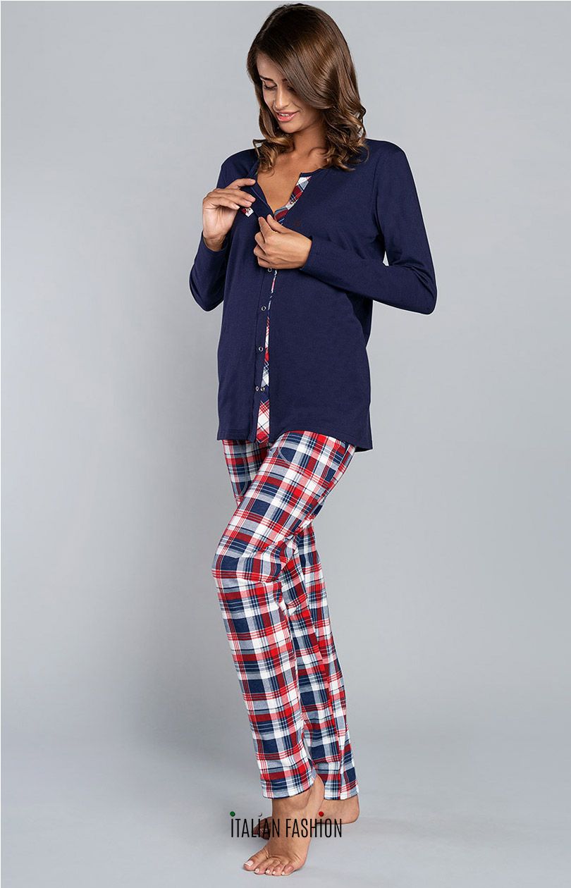 Hiuma piżama damska dł.dł. | granatowy-kratka | Intymna.pl